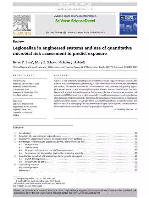 Pdf Legionellae In Engineered Systems And Use Of Quantitative Microbial Risk Assessment To