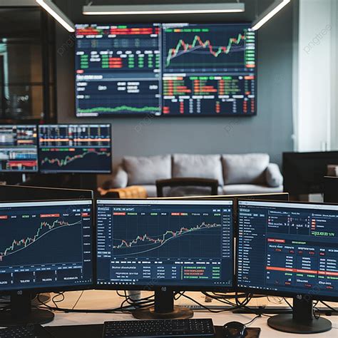 현대적인 사무실 환경에서 여러 대의 컴퓨터 모니터로 둘러싸인 책상에서 일하는 사람 여러 컴퓨터 화면 사무실 작업 공간 배경