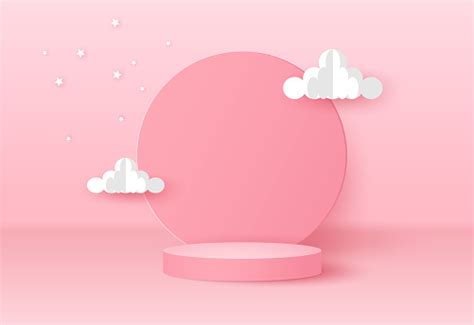 종이접기 종이 구름이 있는 분홍색 배경과 제품 프레젠테이션 브랜딩 포장 및 판촉을 위한 스탠드 또는 연단 디스플레이 벡터 일러스트레이션 디자인 3차원 형태에 대한 스톡 벡터