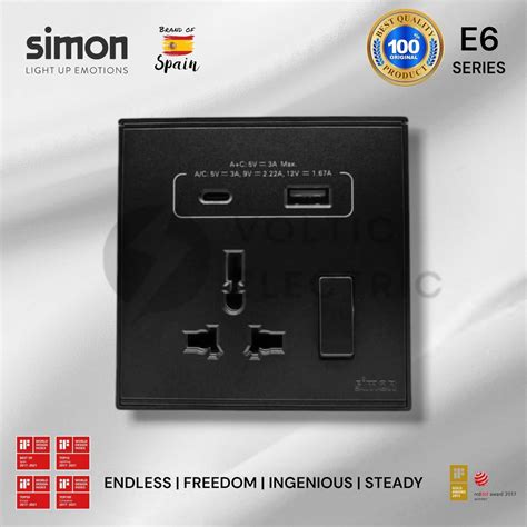 Jual Simon Stop Kontak Universal Usb Type C Simon E6 Black Hitam Doff Simon Multi Standard