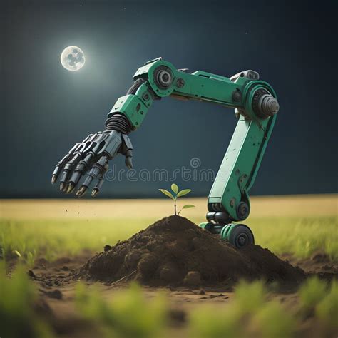 A Robot Arm Planting A Tree In A Green Field Generated By Ai Stock Illustration Illustration