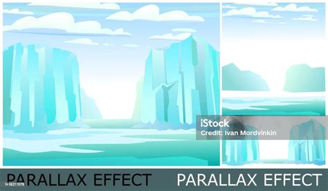 북극 풍경 시차 효과가있는 오버레이를위한 레이어의 이미지 빙산 얼음 남극 대륙 아름다운 겨울 풍경 북극 또는 남극에서 아침 멀리 보이는 겨울 수평선 벡터 0명에 대한 스톡
