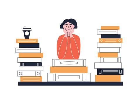 책의 스택에 둘러싸여 서있는 소녀 플랫 라인 아트 벡터 일러스트 레이 션 프리미엄 벡터