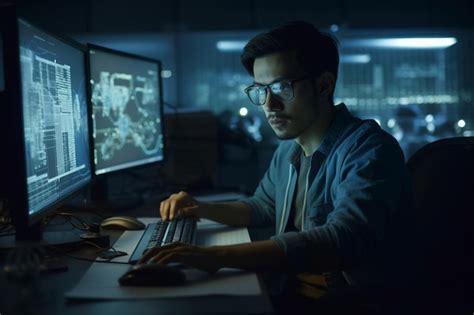 Premium AI Image A Man In Glasses Sits At A Computer In A Dark Room With A Map Of The World