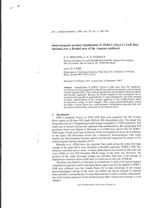 Pdf Semivariogram Textural Classification Of Jers 1 Fuyo 1 Sar Data