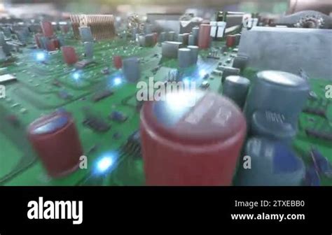 Flying Over Modern Circuit Board With Moving Electrons And Jump Inside