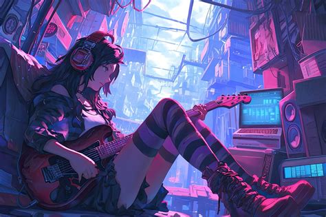 Download Cyberpunk Girl Guitar Royalty Free Stock Illustration Image