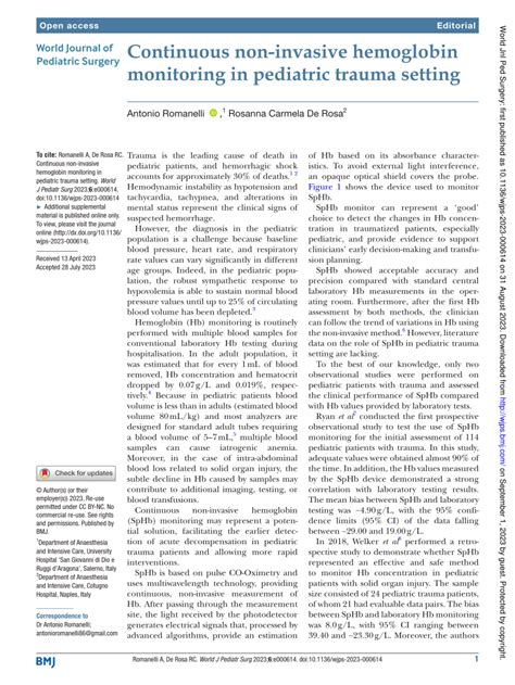 Pdf Continuous Non Invasive Hemoglobin Monitoring In Pediatric Trauma