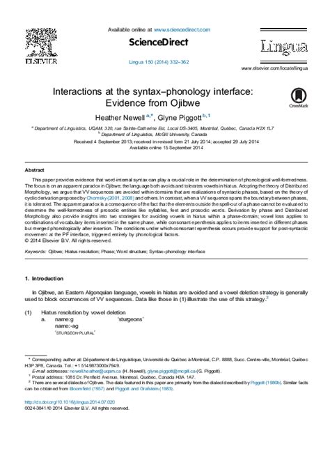 Pdf Interactions At The Syntaxphonology Interface Evidence From Ojibwe