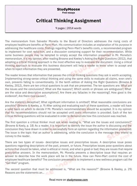 critical thinking assignment free essay example