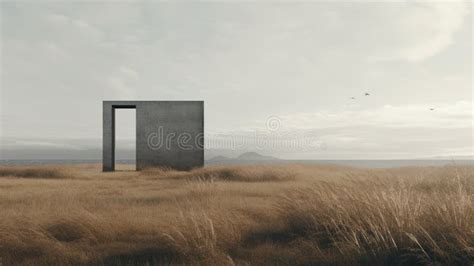 Monumental Architecture Gray And Gold Concrete Block In A Grassy Field