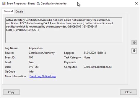 The Certificate Authority Service Does Not Start And Throws The Error