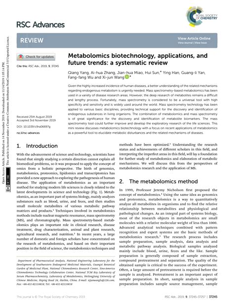 Pdf Metabolomics Biotechnology Applications And Future Trends A