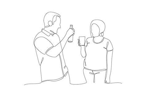 연속적인 한 선 그리기 이웃이 물건을 공유하고 서로 돕는 개념 Doodle 벡터 그림 프리미엄 벡터