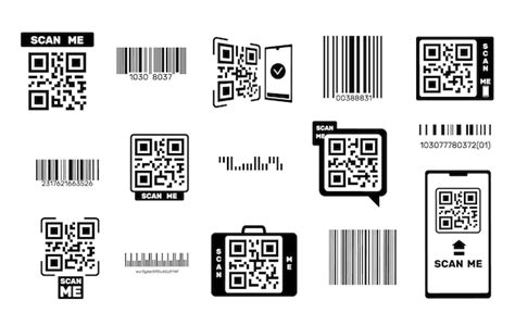 바코드 및 Qr 코드 스캔 가능한 정보 스캔 데이터 및 확인 벡터 세트가 포함된 간편한 식별 패키징 라벨 스티커 스마트폰 프레임 프리미엄 벡터