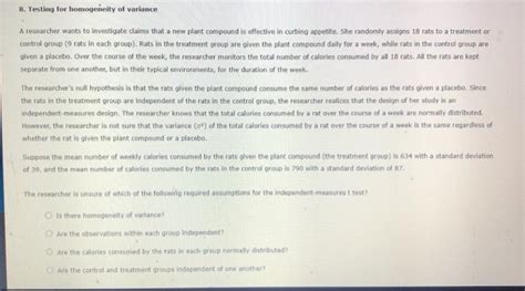 solved 8 testing for homogeneity of variance a researcher