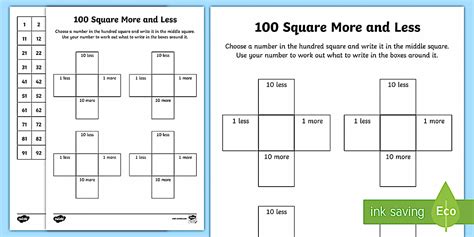 100 Square More And Less Activity Teacher Made Twinkl