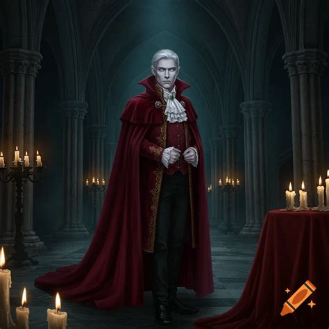 A White Haired Male Vampire In A Regal Red And Gold Cloak Stands In A