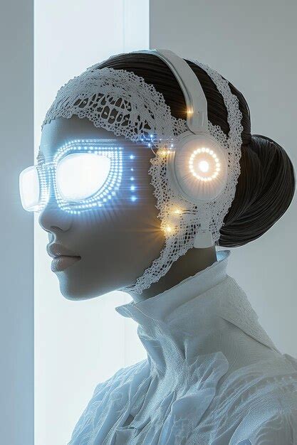 A Futuristic Portrait Of A Woman With Robotic Eyes And Lace Details