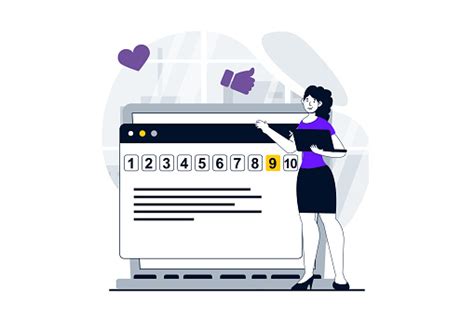 웹을 위한 플랫 디자인에서 사람들 장면이 있는 피드백 페이지 개념 설문지에서 고객 경험에 대한 평가를 선택하는 여성 소셜 미디어 배너 마케팅 자료에 대한 벡터 그림입니다