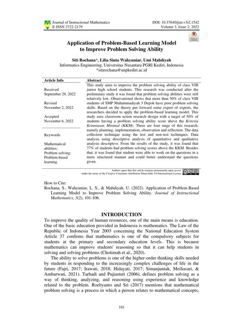 Pdf Application Of Problem Based Learning Model To Improve Problem