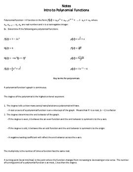 Precalculus Worksheet Intro To Polynomial Functions By My Geometry World
