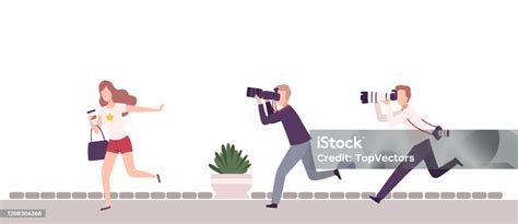파파라치 와 카메라 다음 연예인 아름다운 Elebrity 여자 도망 에서 사진 작가 플랫 벡터 일러스트 긴급 개념에 대한 스톡 벡터 아트 및 기타 이미지 Istock