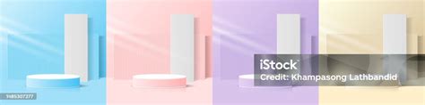 사실적인 3d 실린더 받침대 연단 또는 파스텔 블루 핑크 퍼플 및 베이지 색 또는 갈색 배경 3d 렌더링과 두 장의 직사각형 배경이 겹치는 최소한의 장면이 있습니다 무대