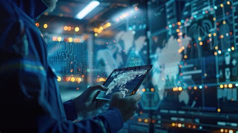 Engineer Using Digital Tablet With Holographic World Map Projection In High Tech Control Center