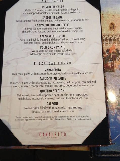 Carta Del Restaurante Canaletto Las Vegas Las Vegas