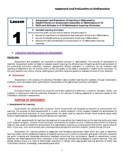 Lesson 1 M117 Assessment And Evaluation In Mathematics Essentials