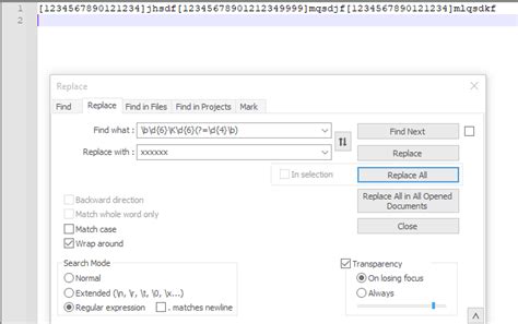 Notepad Search 16 Digits Number And Replace 7th To 12th Digits With