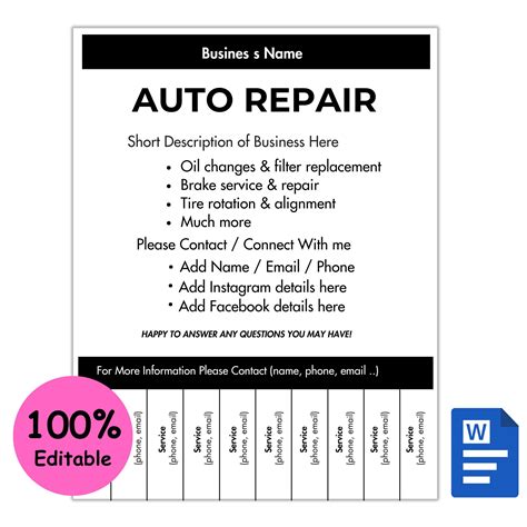 Editable Auto Repair Tear Off Flyer