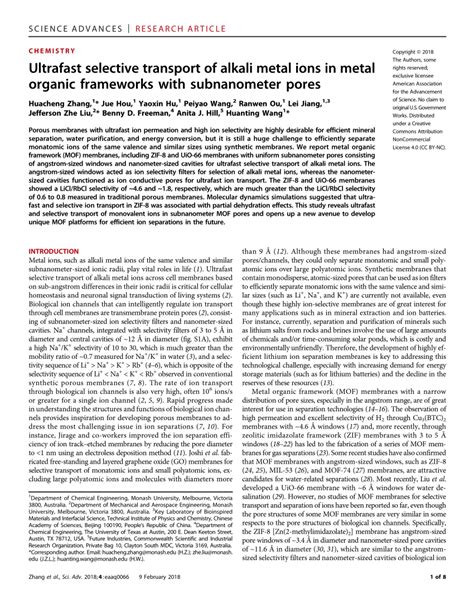 Pdf Ultrafast Selective Transport Of Alkali Metal Ions In Metal Organic Frameworks With