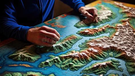 Geographer Exploring The Terrain On The Model Stock Illustration