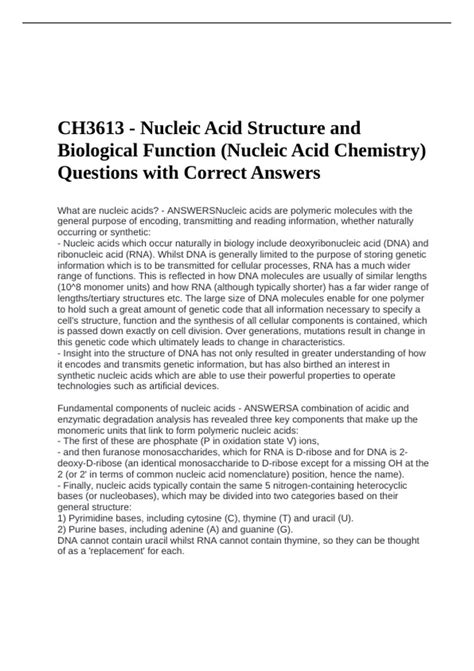 Ch3613 Nucleic Acid Structure And Biological Function Nucleic Acid Chemistry Questions With