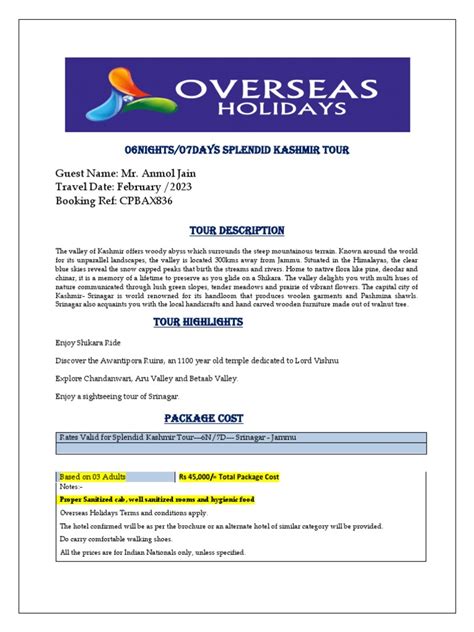 6n7d Mr Anmol Jain Srinagar Jammu Feb 2023 Pdf Hotel Kashmir