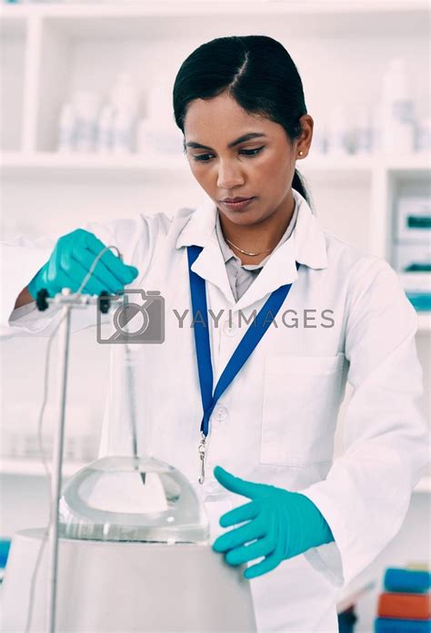 Science Chemistry And Woman With Flask In Laboratory For Experiment