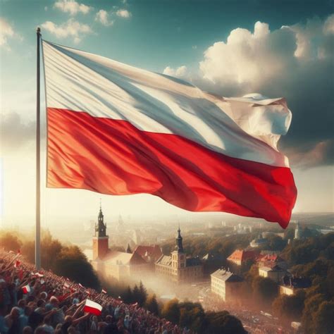 Polish Flag Flying In The Air Showcasing The White And Red Horizontal