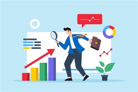 Flat Illustration Of Businessman Uses Magnifying Glass To Analyze
