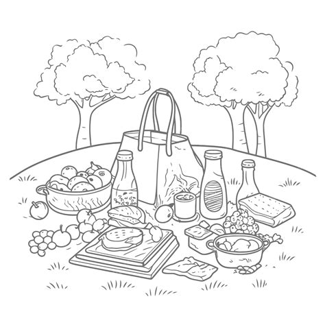 가방과 음식이 있는 피크닉 이미지 색칠하기 페이지 개요 스케치 드로잉 벡터 피크닉 그림 피크닉 개요 피크닉 스케치 Png 일러스트 및 벡터 에 대한 무료 다운로드