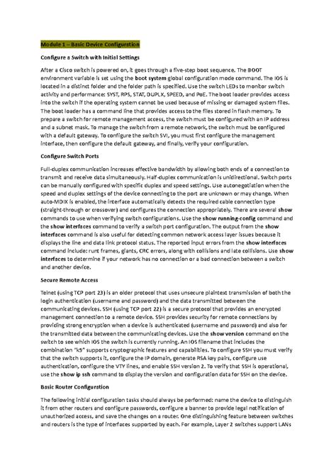 Ccna 2 Module 1 4 Summary Module 1 Basic Device Configuration