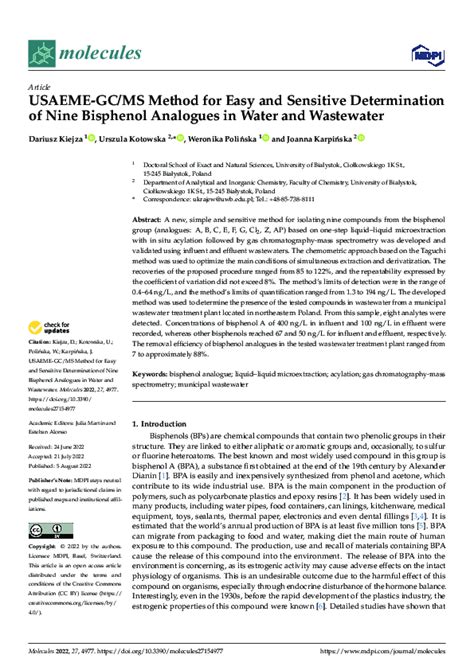 Pdf Usaeme Gc Ms Method For Easy And Sensitive Determination Of Nine Bisphenol Analogues In