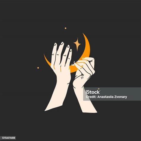 손으로 그린 벡터 추상 적 스톡 플랫 그래픽 연금술 일러스트와 로고 요소 황금 초승달의 매직 라인 아트 여성스러운 손 실루엣과 브랜드별 별 검은 배경에 고립 개념에 대한