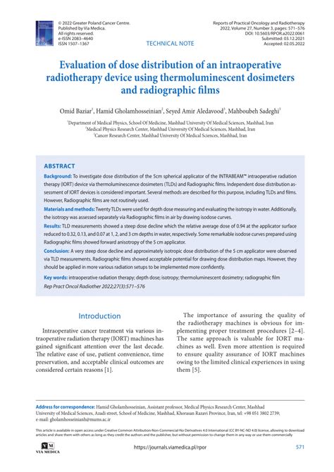 Pdf Evaluation Of Dose Distribution Of An Intraoperative Radiotherapy Device Using