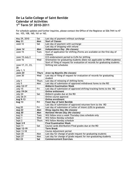 Dls Csb Calendar Of Activities Sy2010 2011 1st Term Pdf Graduation