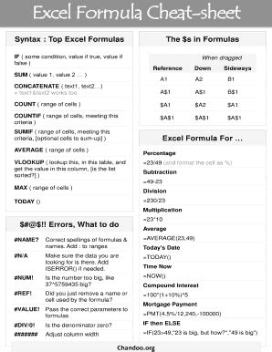 Fillable Online Excel Formula Cheat Sheet Fax Email Print PdfFiller