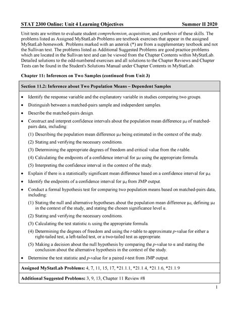 Unit 4 Learning Objectives 1 Stat 2300 Online Unit 4 Learning Objectives Summer Ii 2020 Unit