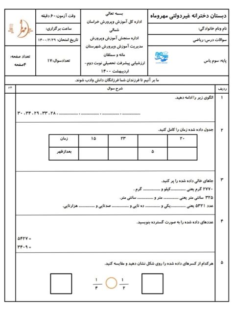آزمون ریاضی اردیبهشت ماه سوم ابتدایی دکتر سمیه رحمت