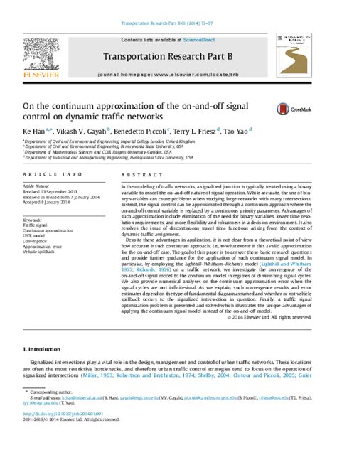 Pdf On The Continuum Approximation Of The On And Off Signal Control On Dynamic Traffic Networks